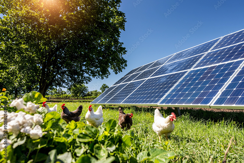 free-ranging chickens in lush grass, modern solar panel field behind ...