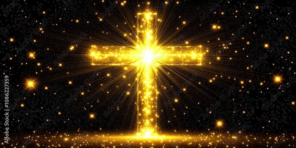 Glowing Golden Cross in Starry Night Sky with Shimmering Light ...