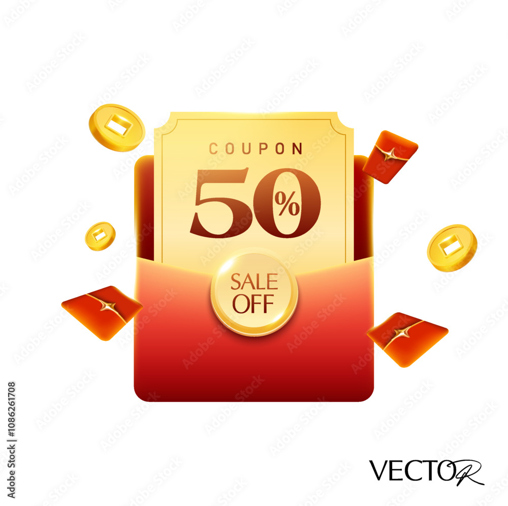 3d golden coupon inside a red envelope, with lucky money and golden ...