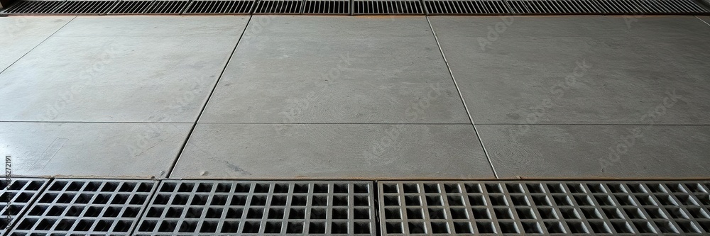 Industrial floor made of concrete with a metal grate, concrete, metal ...