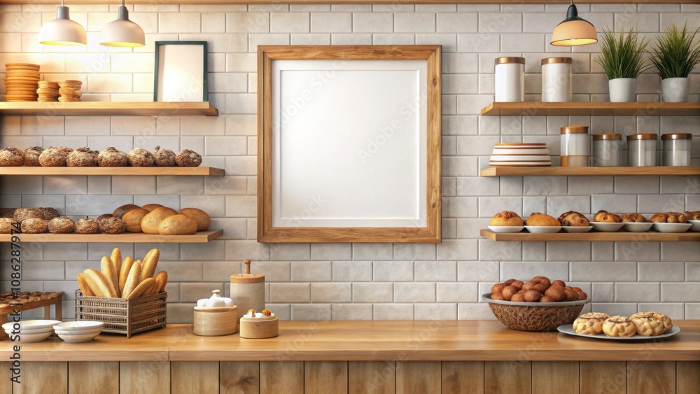 ภาพประกอบสต็อก Mockup blank wall frame with bakery background, mockup ...
