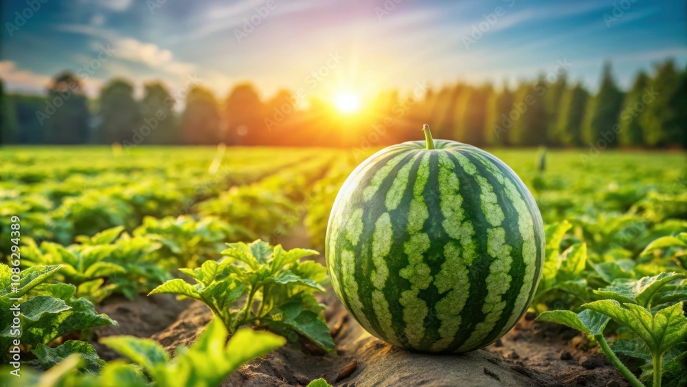 Fresh watermelon fruit in a lush watermelon field during the summer ...
