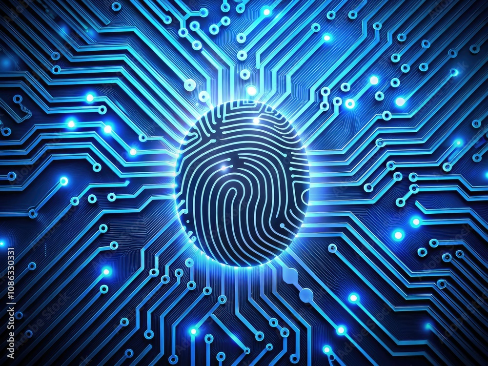 Digital Identification Technology: Blue Lines Flow from Fingerprint ...