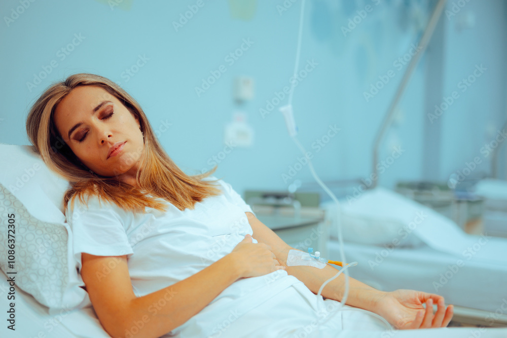 Patient Resting in Hospital Bed with IV Cannula in her Hand. Anemic ...