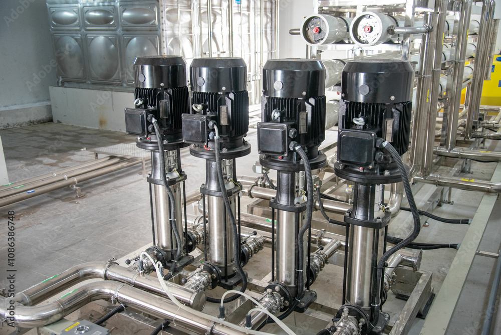 Industrial interior of water pump, valves, pressure gauges, motors ...