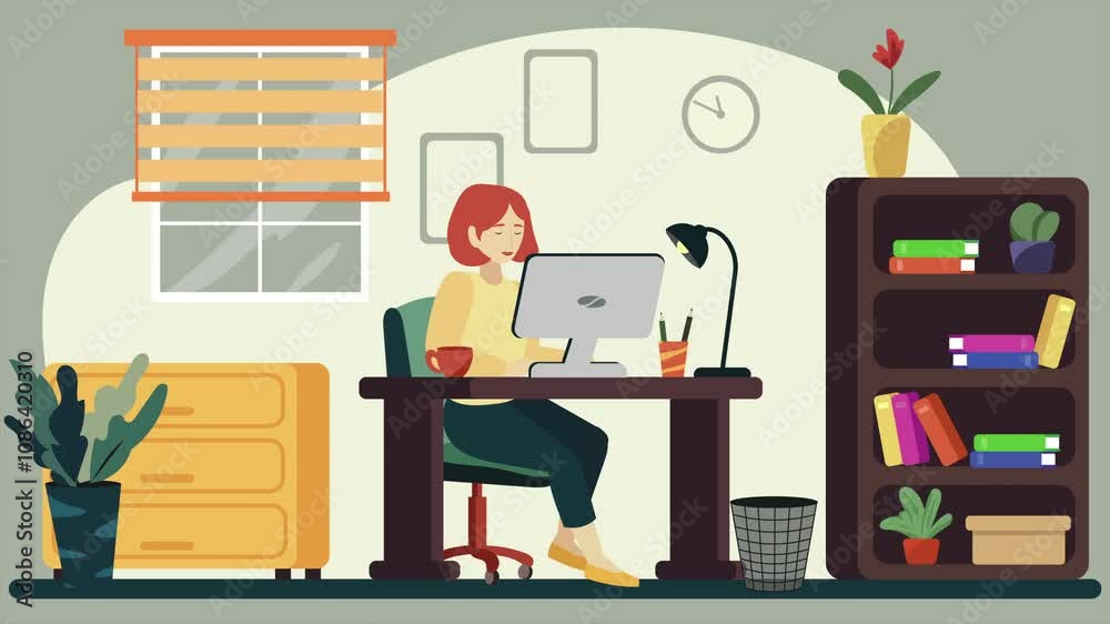 2d Animated illustration of a woman working efficiently at her home ...