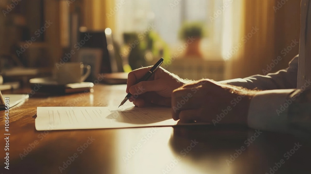 Close-up of a businessman signing a contract on a wooden desk, with a ...