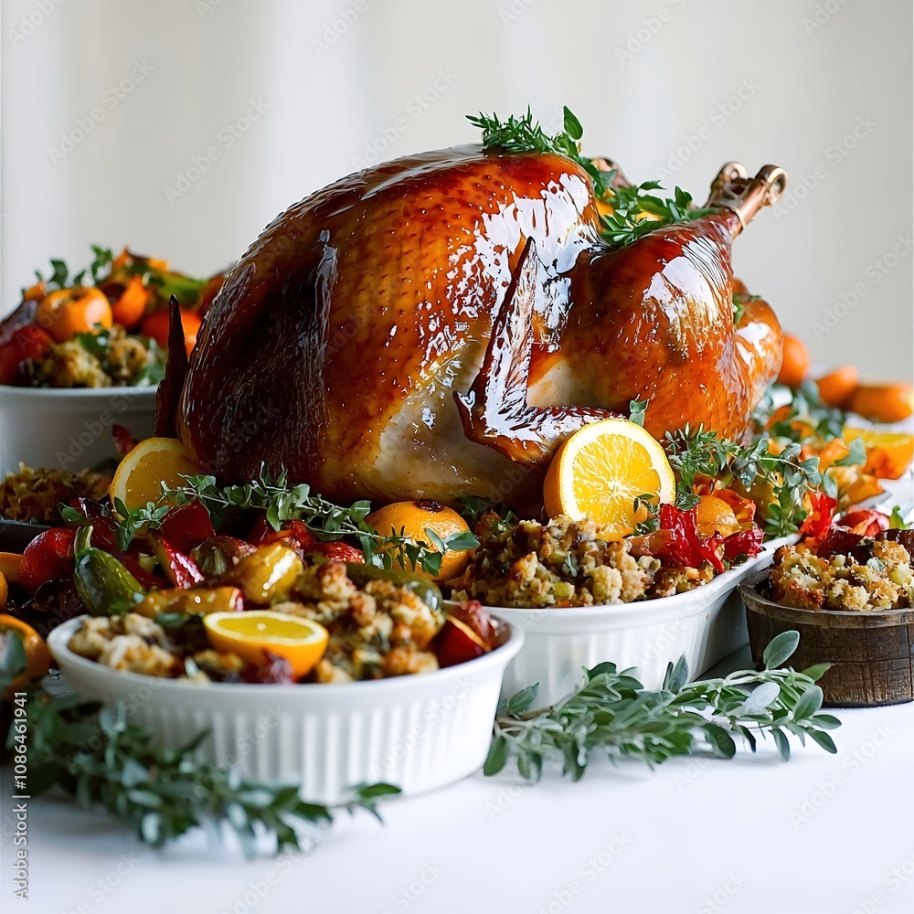 An exquisite display of a Thanksgiving turkey dinner elegantly ...