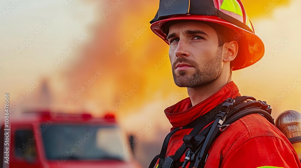 A firefighter stands confidently in uniform, gazing towards the horizon ...