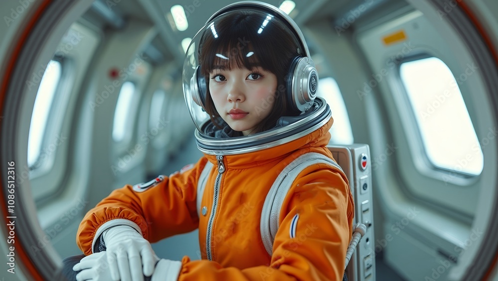 Asian space astronaut woman in futuristic orange color space suit in ...