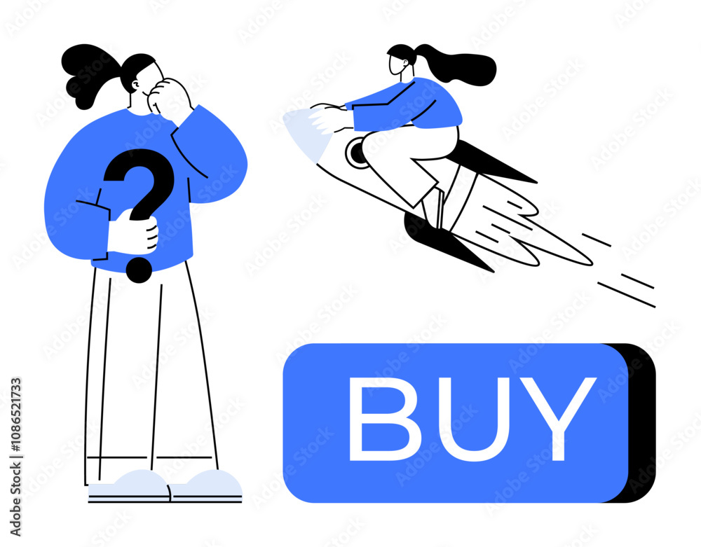 Confused person holding question mark individual on a rocket heading ...