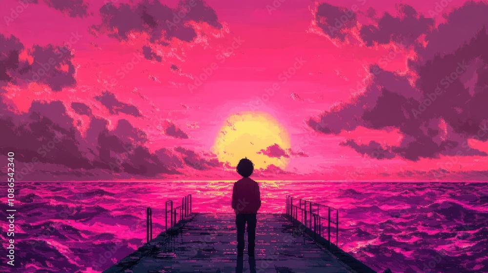 8-bit anime character standing on a pier watching the pixelated waves ...
