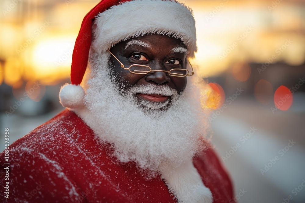 Jolly Black Santa Claus in his red suit and white beard ringing a bell ...