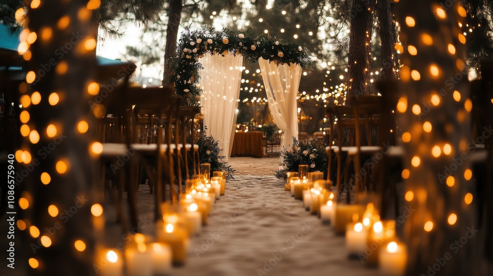 Enchanting outdoor wedding ceremony setup with twinkling lights and ...