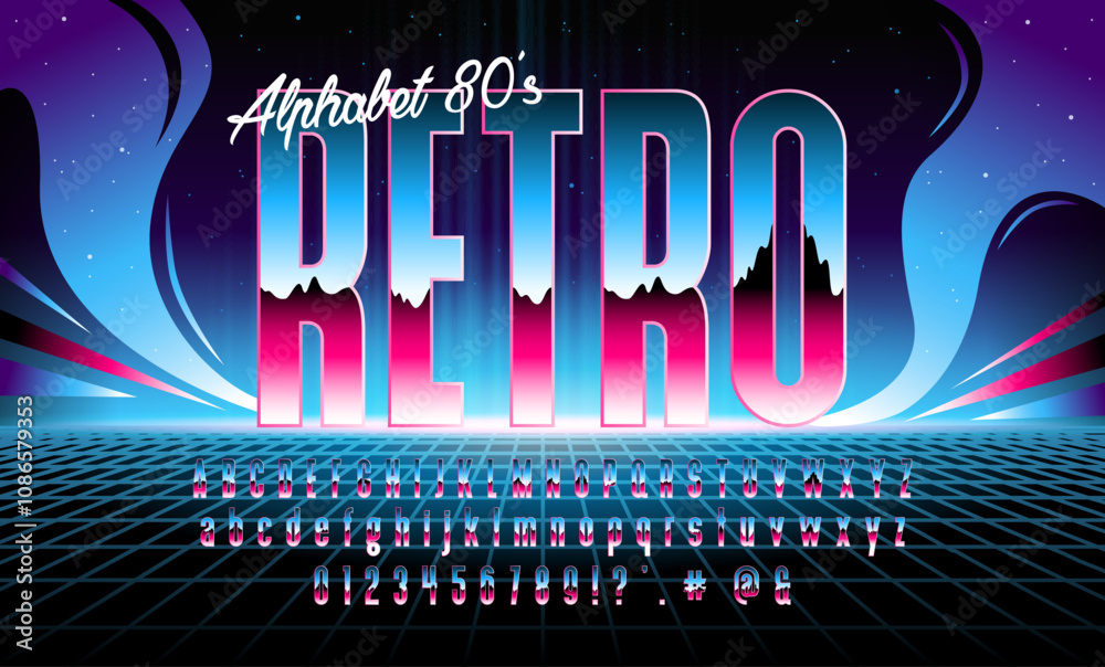 Retro Futuristic font in 1980s retrowave, synthwave style. Bright ...