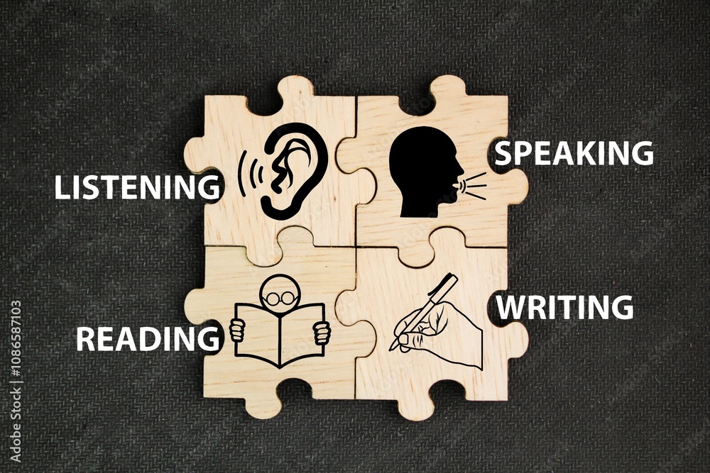 puzzle with speaking, listening, writing, and reading icons. What are ...