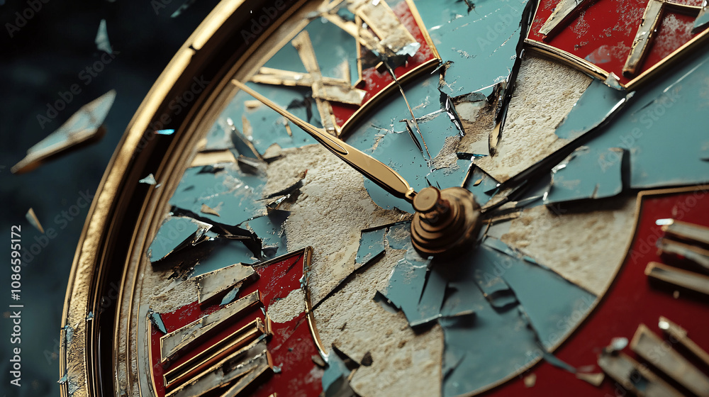 A shattered clock face with political symbols replacing numbers, stuck ...