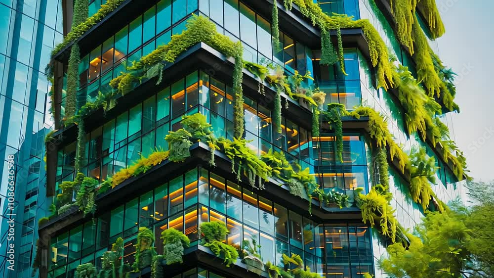 Architecture a modern glass building with a lot of green plants trees ...
