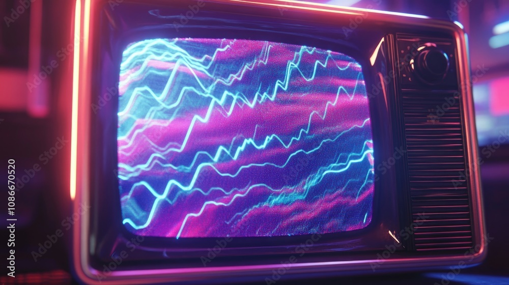 Retro television screen showcasing a vibrant wave pattern with neon ...