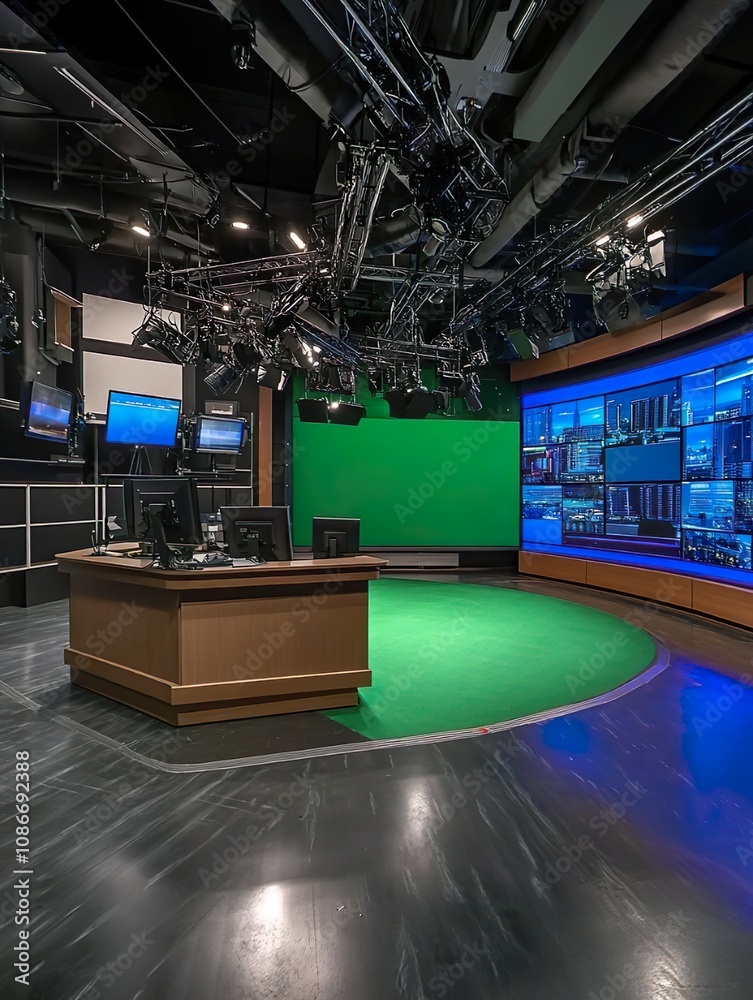 Fully Equipped News Studio Setup with Modular Desk, Green Screen, and ...