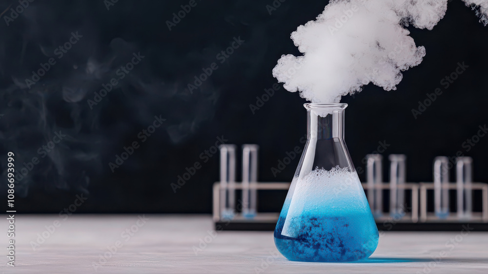 Overflowing glass beaker with foaming blue liquid, metal lab setup in ...