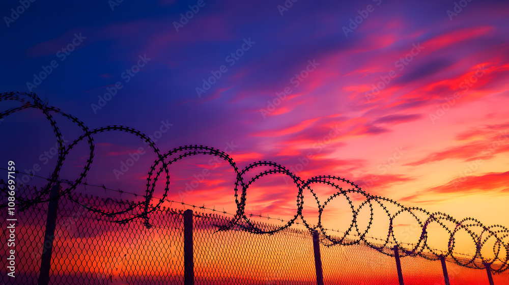 Abstract Barrier wire fence refugee Twilight sky. Deliverance Broke ...