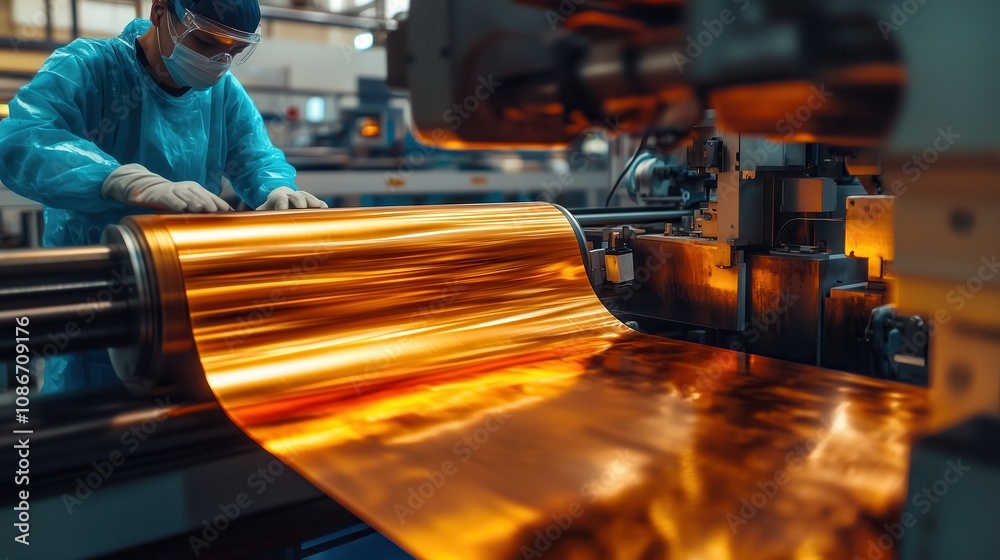 Shiny copper roll in production facility. Large roll of shiny copper ...