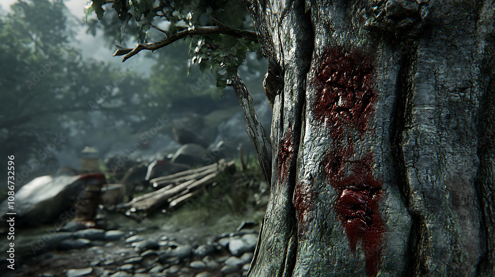 Scars on an old tree representing trauma, vivid textures, 8k, hyper ...
