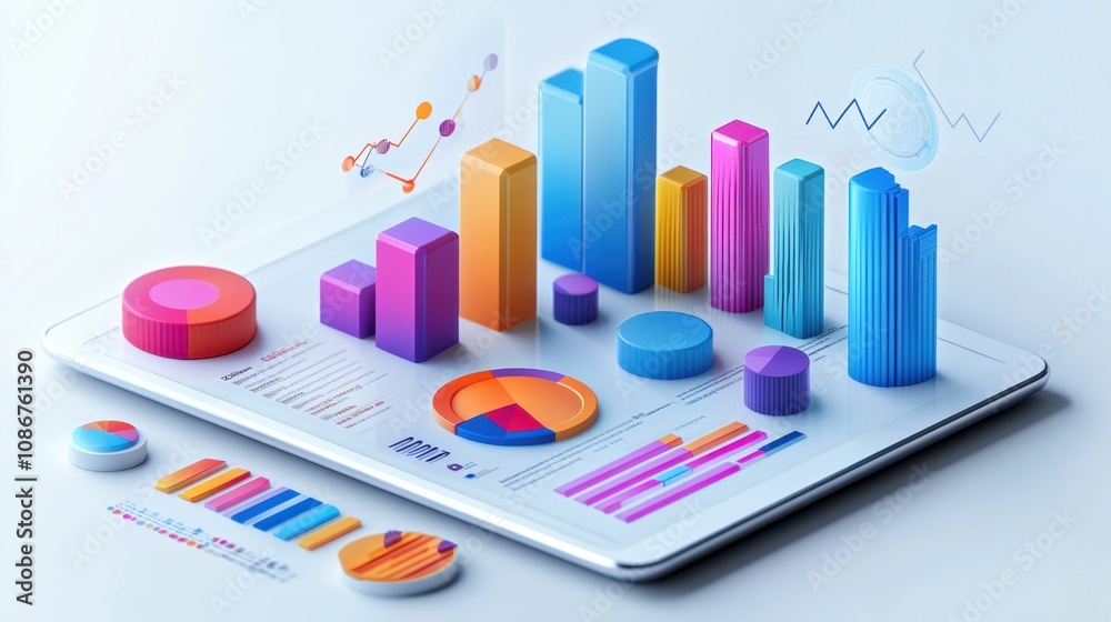 Colorful 3D bar graphs and charts displayed on a digital tablet ...