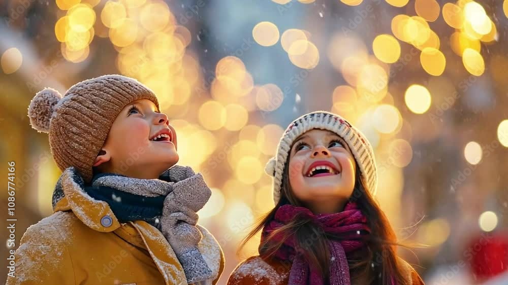 Two children look up in awe at the falling snow and twinkling lights ...