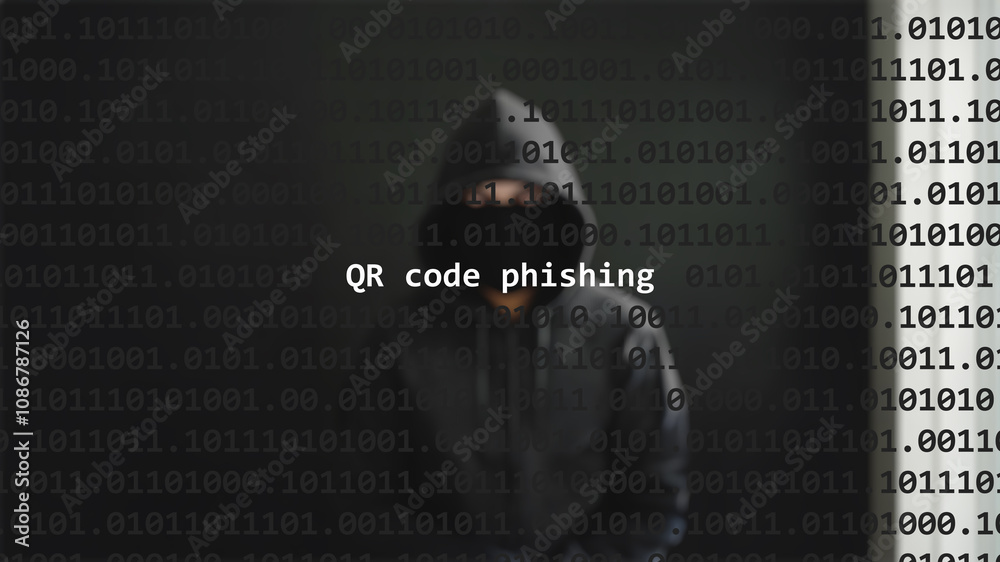 Cyber Attack Qr Code Phishing Text In Foreground Screen Anonymous Hacker Hidden With Hoodie In