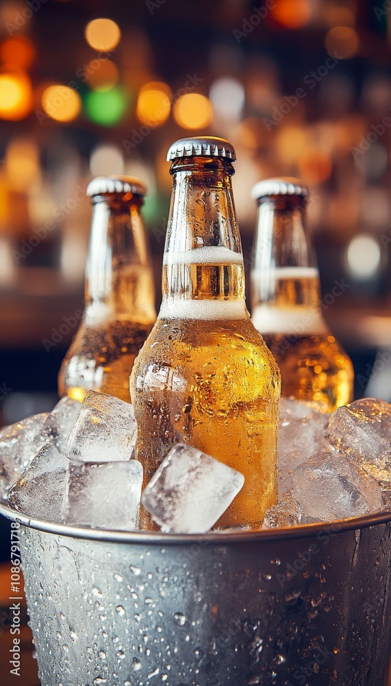 Ice Cold Refreshment Three Beer Bottles Chilled in a Metal Bucket, Bar ...