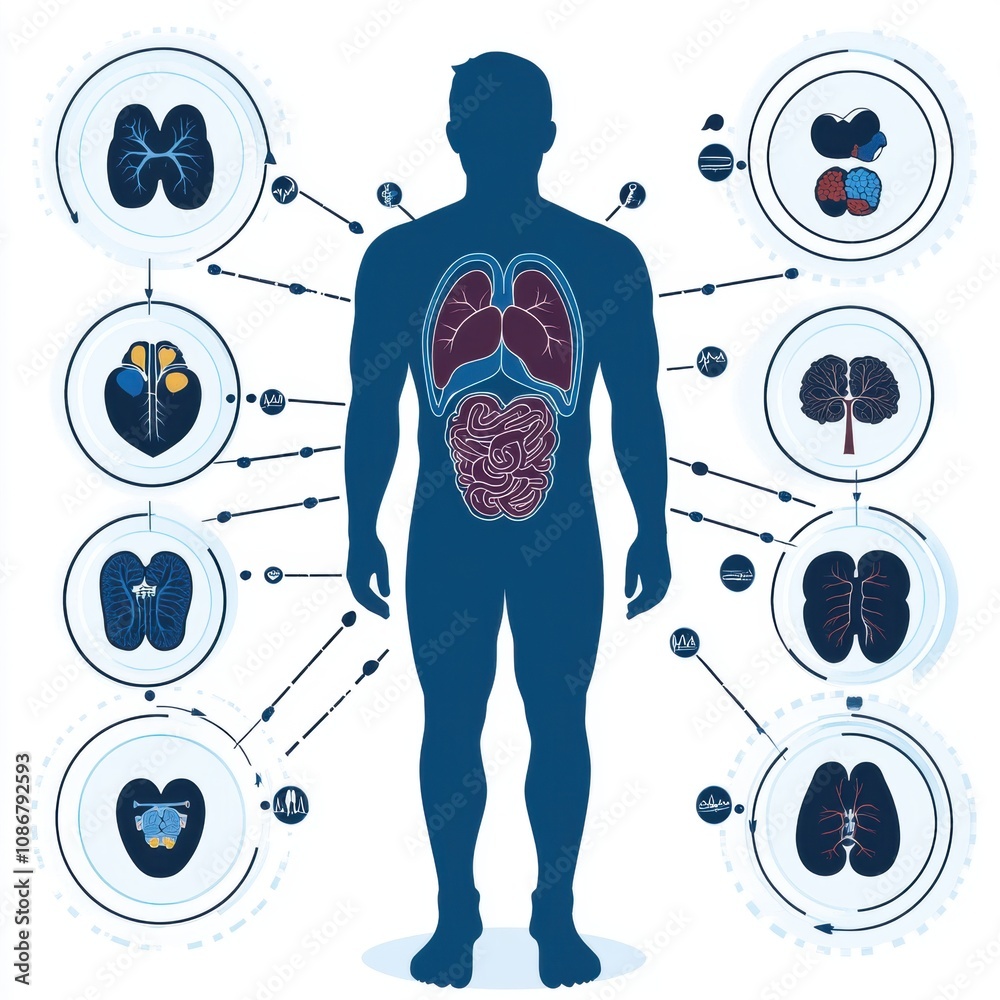 Detailed infographic of a human silhouette showcasing internal organs ...