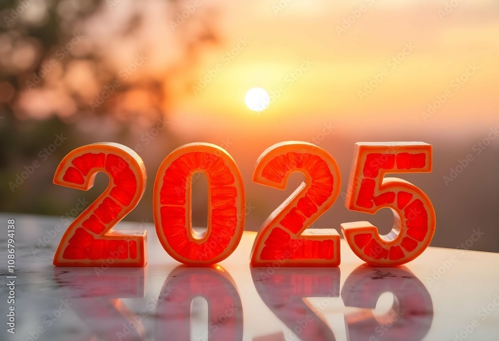 Red 2025 numbers made of orange segments on a marble countertop , with ...