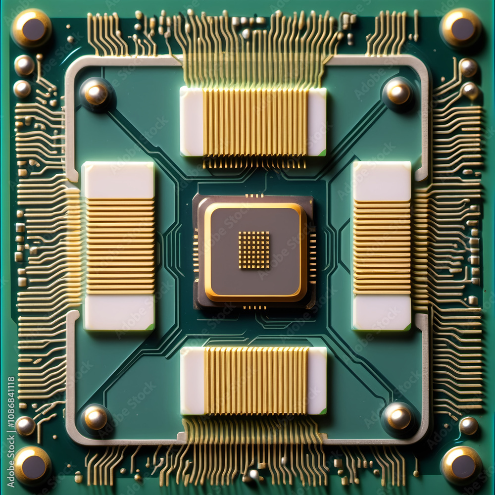Top-down macro shot of a processor with shimmering gold electrical ...