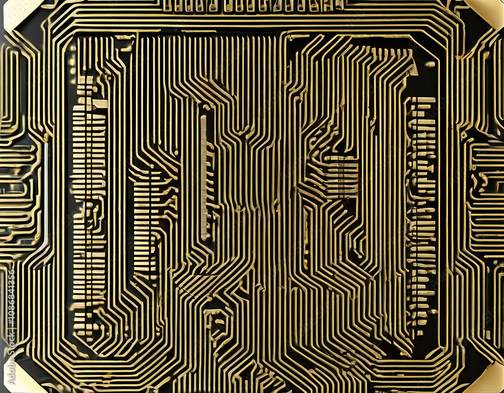 High-magnification view of a logic chip with fine gold leads, top-down ...