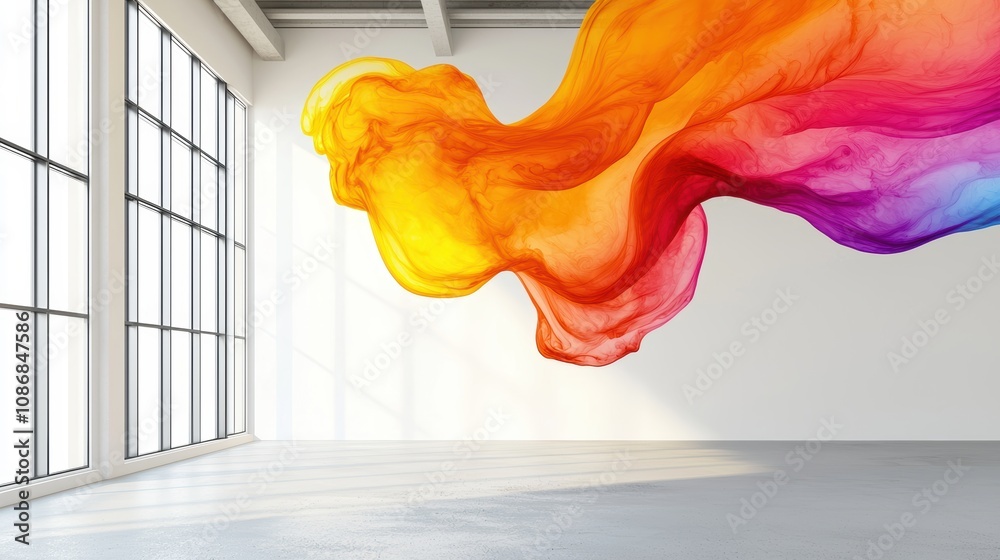 Large format printer with colorful streams of ink ribbon dynamic flow ...