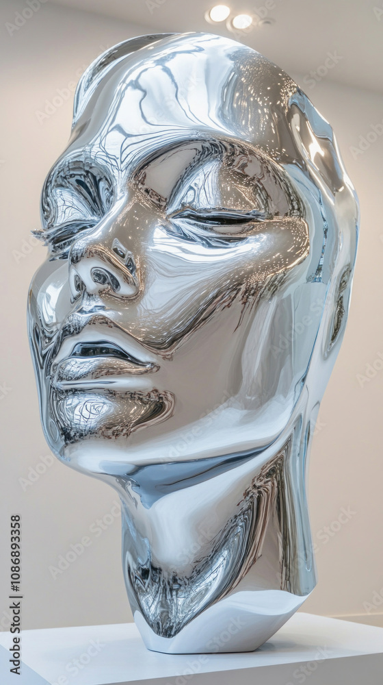 Giant chrome woman head reflecting light in art gallery installation ...