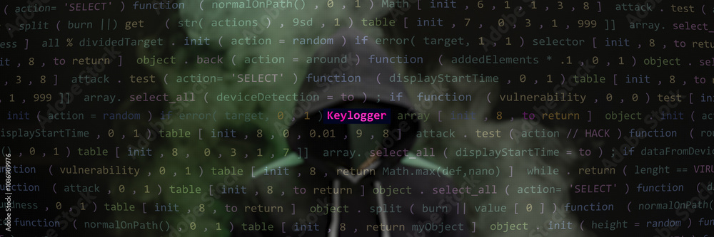 Cyber attack keylogger text in foreground screen, Anonymous hacker hidden with hoodie in the ...