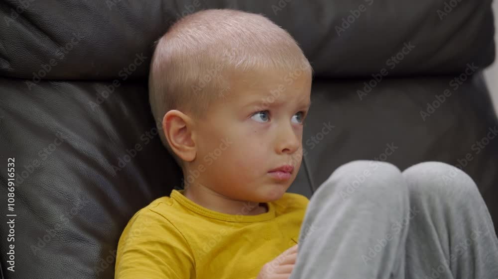 Child sitting on couch at home. Little boy looking attentively at TV screen. Concentrated face ...