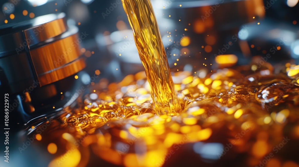 Engine oil being poured, creating gas bubbles in a fluid, with ...