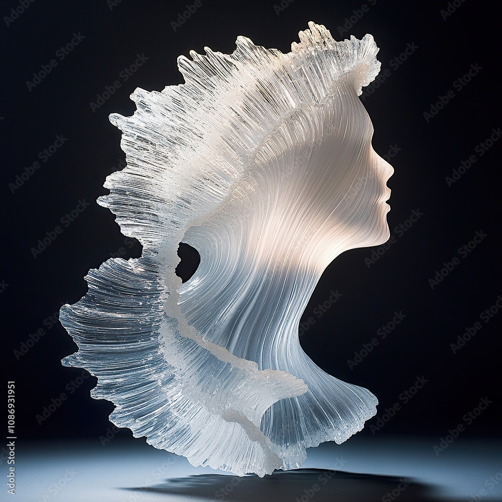 Abstract glass sculpture of a woman's profile with flowing, wave-like ...
