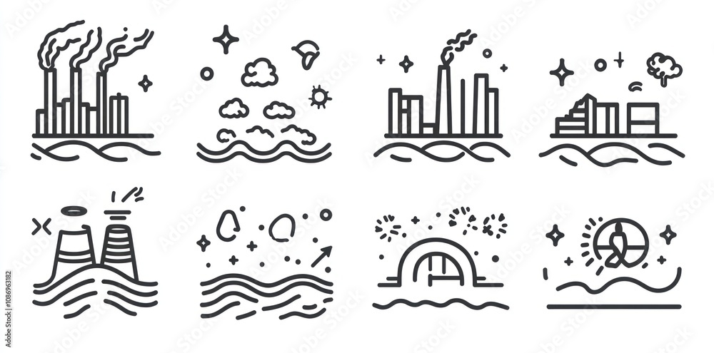 Set of Line Art Icons Depicting the Effects of Climate Change on ...