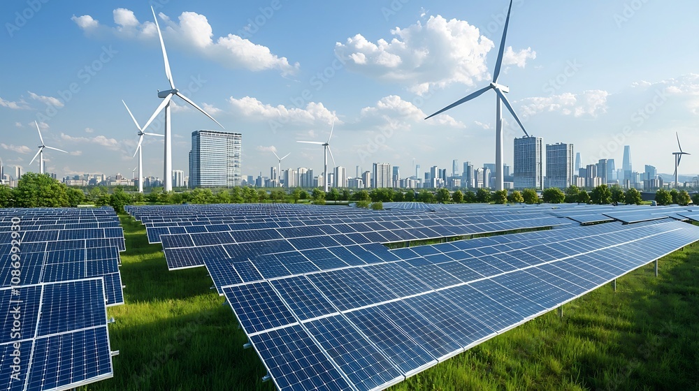 Renewable energy landscape featuring solar cells and wind turbines in a ...