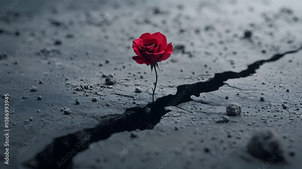 A vibrant red rose emerges from a cracked, barren surface, symbolizing ...