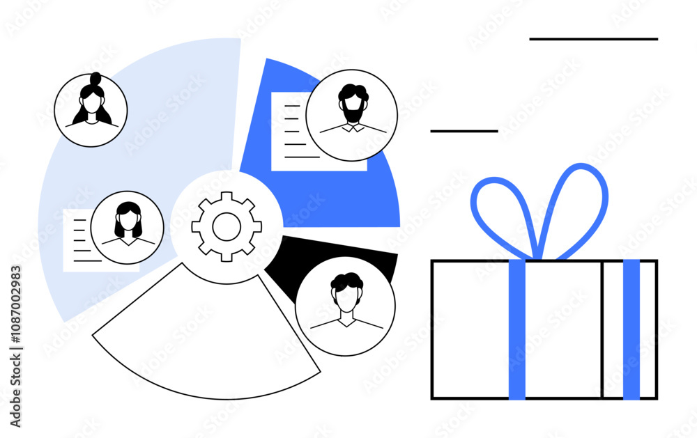 Team collaboration diagram with four member icons around segmented ...