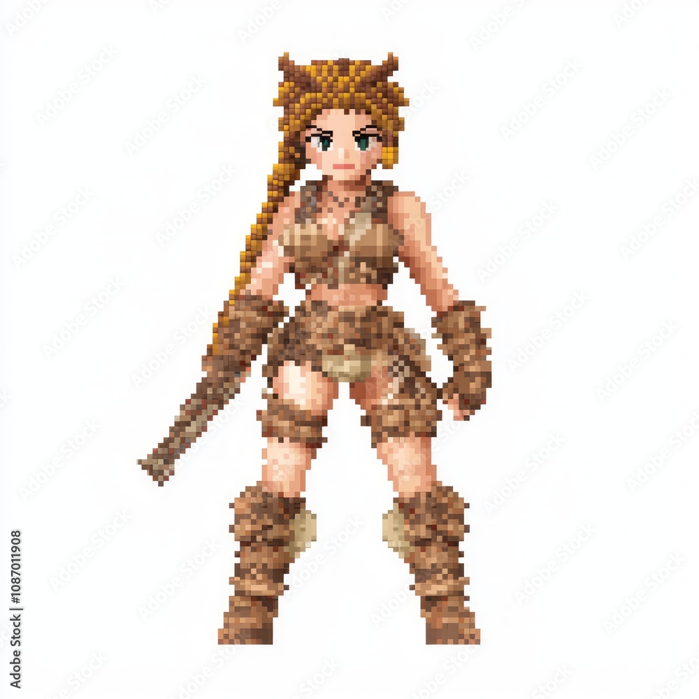 Retro 8-Bit Dragon Tamer Female Character Model with Braided Hair and Pixelated Whip on White ...