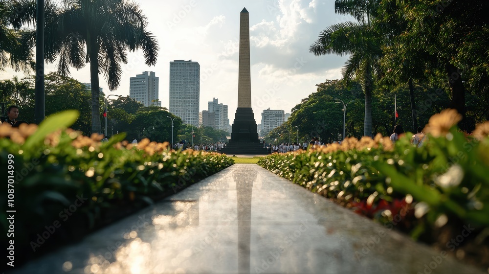 Wide-angle shot of the Jose Rizal Monument in Rizal Park, Manila, with ...