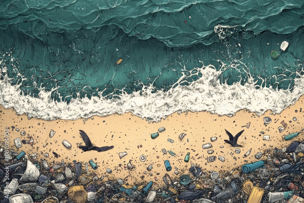 Overhead View of Ocean Waves Crashing on a Beach Covered in Plastic ...