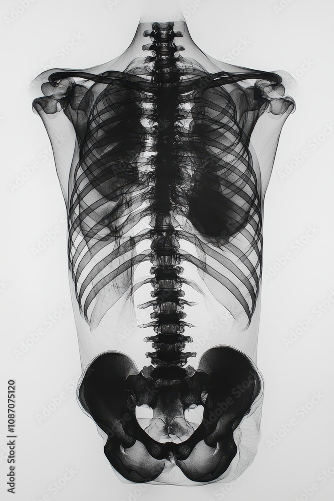 Detailed X-ray image of a human skeleton showcasing the spine, ribs ...